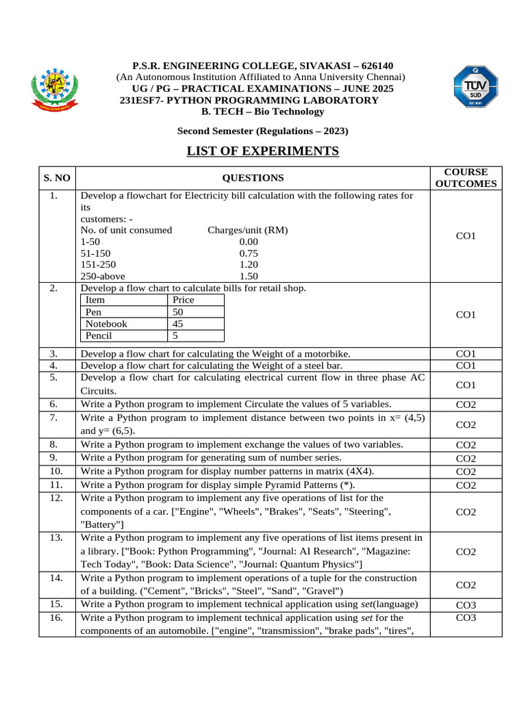 List of Experiments - COs | PDF | Python (Programming Language) | String (Computer Science)