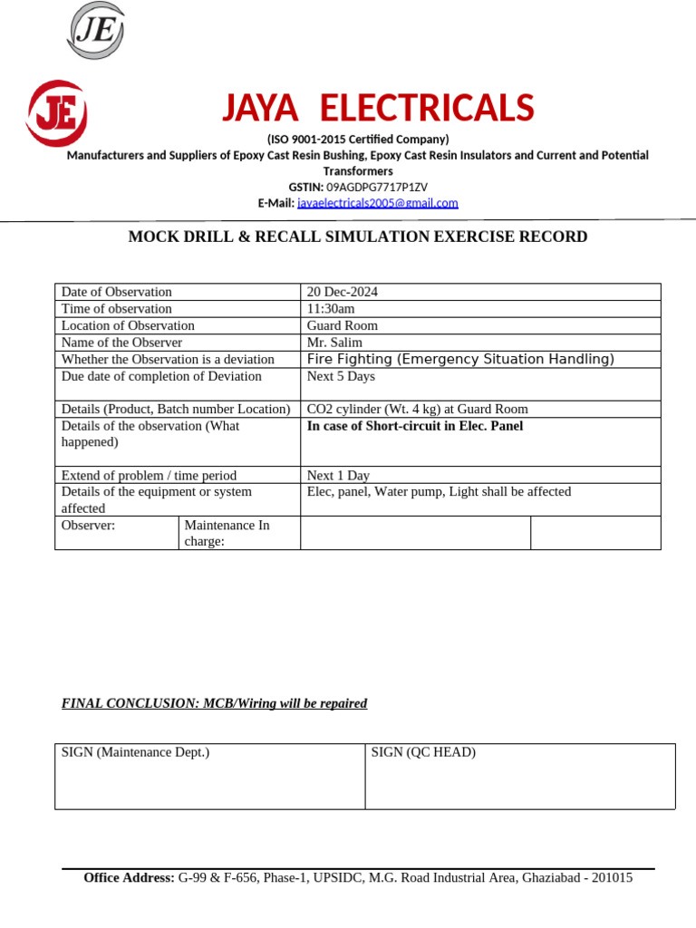 Mock Drill & Recall Simulation Exercise Record | PDF