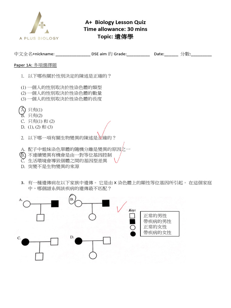 (Chi) Lesson Quiz (Basic Genetics) 11.5.24 | PDF