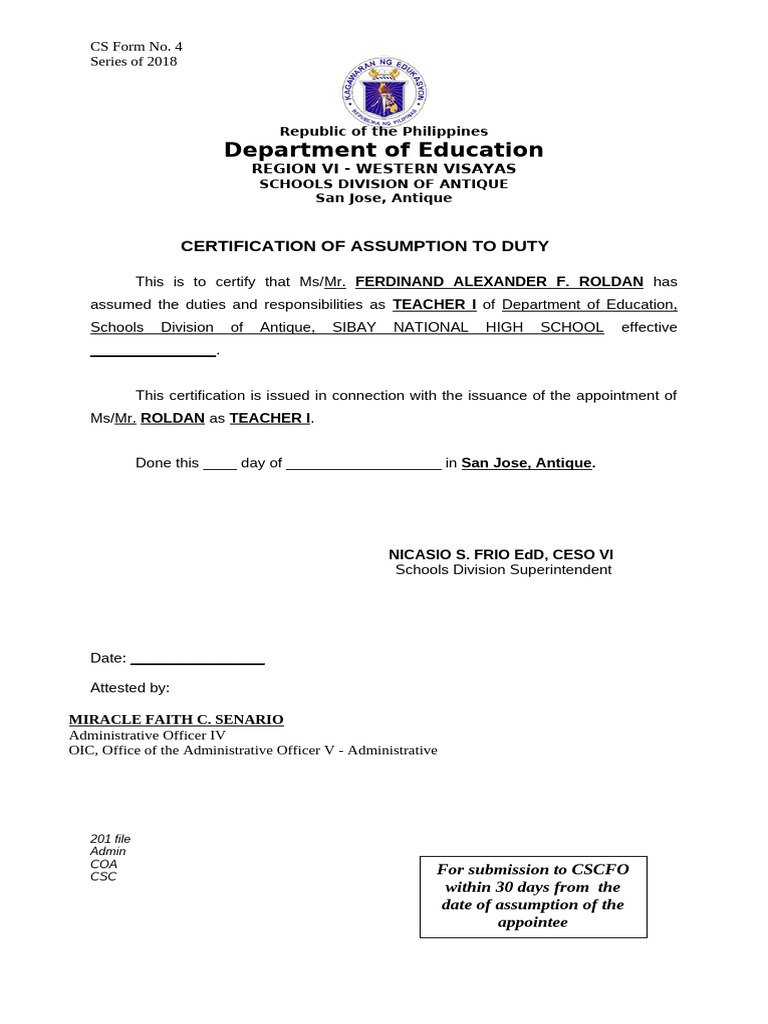 Certification of Assumption To Duty | PDF