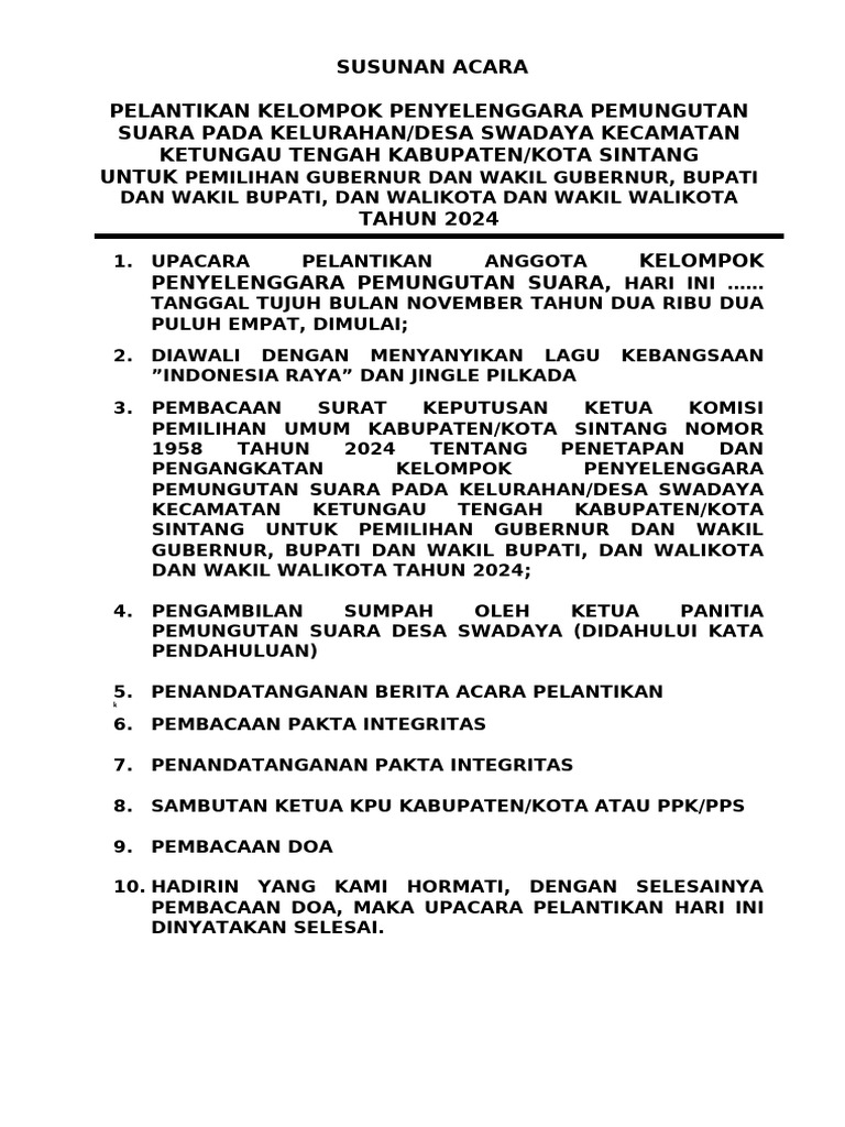 Susunan Acara Pelantikan KPPS | PDF