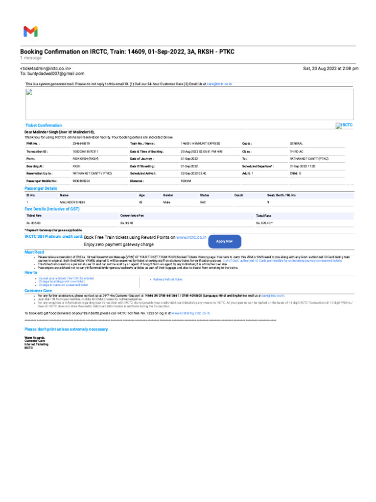 Gmail - Booking Confirmation On IRCTC, Train - 14609, 01-Sep-2022, 3A ...