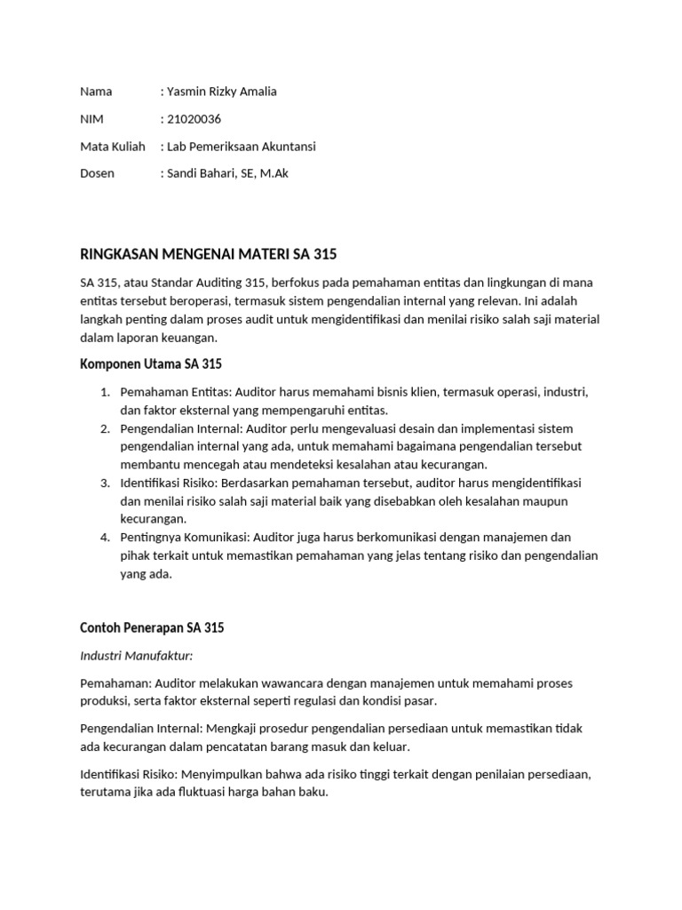 Yasmin Rizky Amalia - Lab Pemeriksaan Akuntansi - SA 315 | PDF