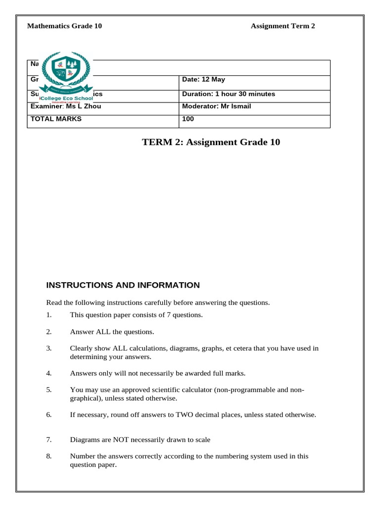 Grade 10 Assignment Maths CP | PDF