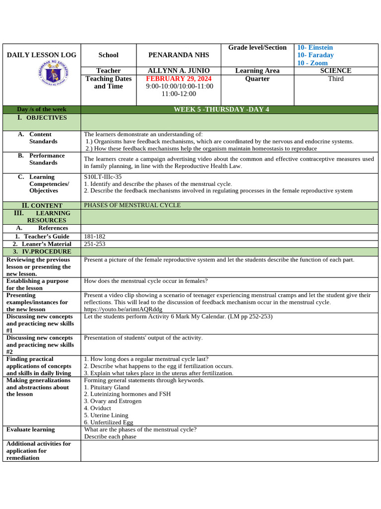 Science 10 Lesson Plan 02 29 Printed | PDF | Menstrual Cycle | Women's Health