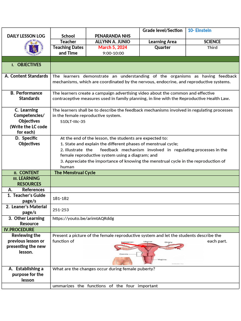 Science LESSON-PLan Menstrual COT | PDF | Menstrual Cycle | Lesson Plan