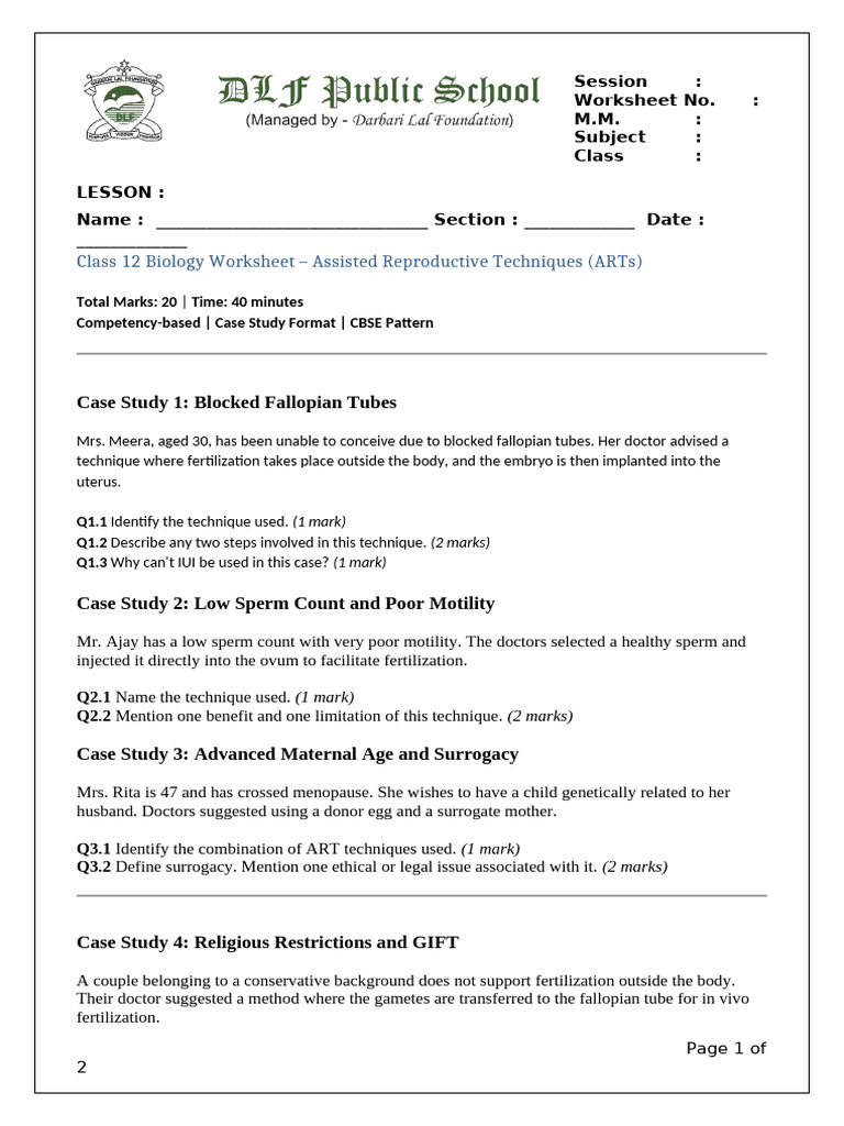 Reproductive Health Case Study Based Worksheet | PDF | Fertilisation ...