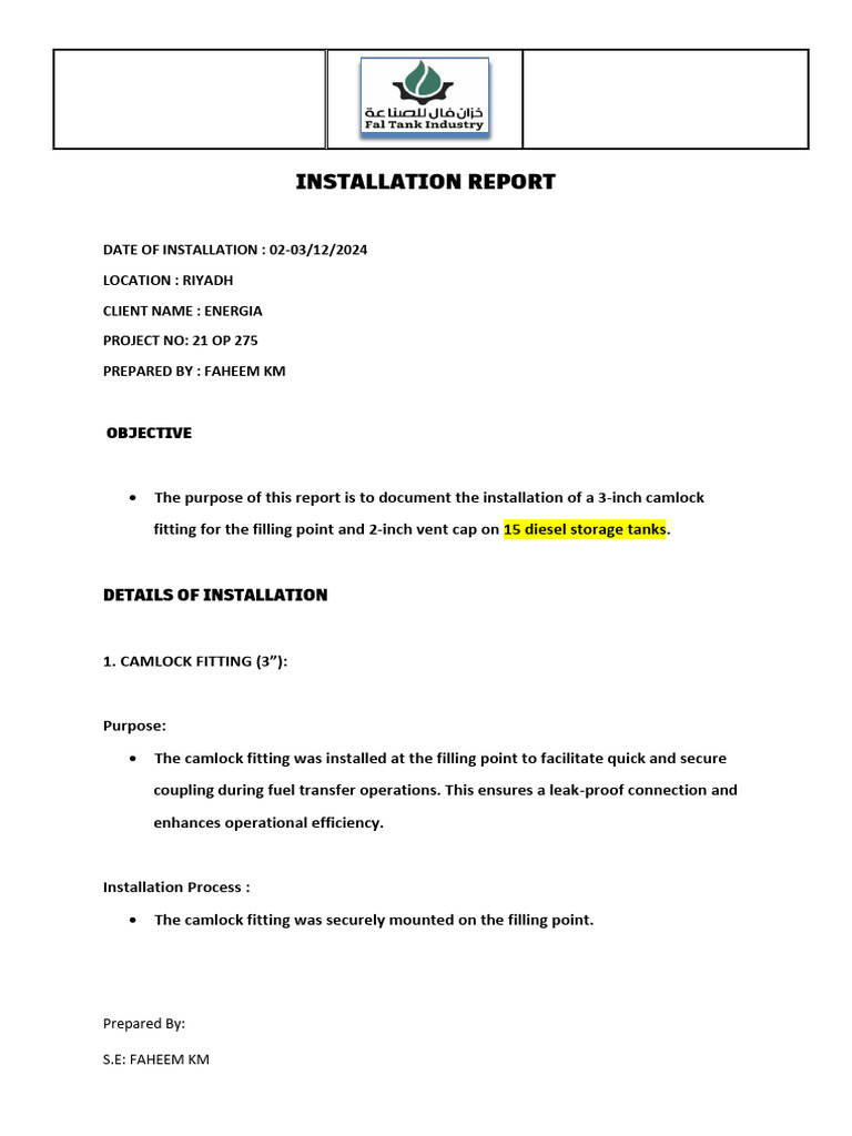 21 Op 275 Energia (Camlock and Vent Cap Installation Report) | PDF