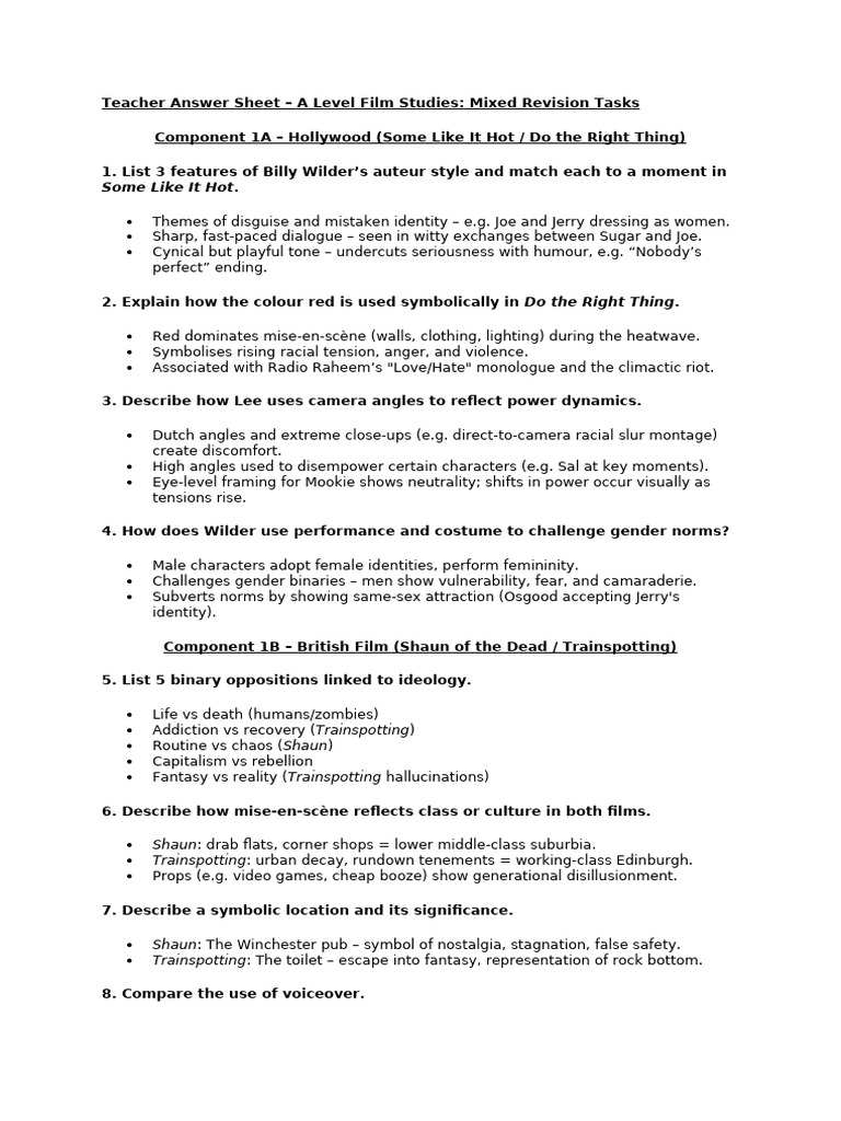 Mixed Revision Film Studies - Teacher Answer Sheet | PDF