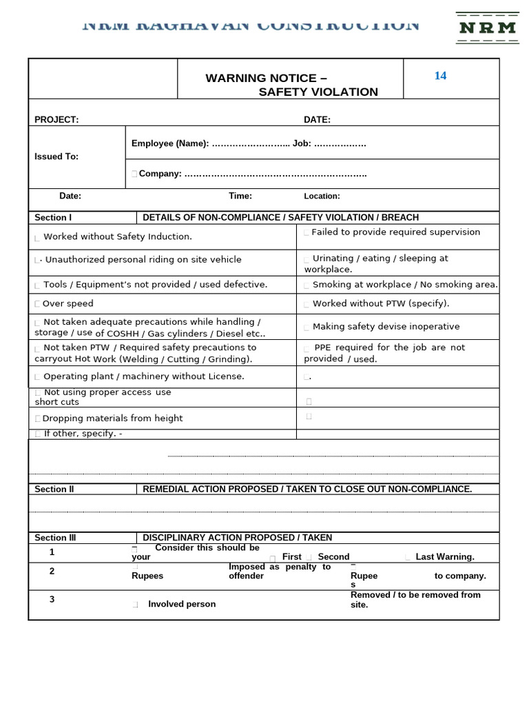 Safety Violation Warning Notice Template | PDF