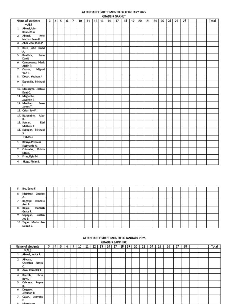 Attendance Sheet 2024-2025 | PDF