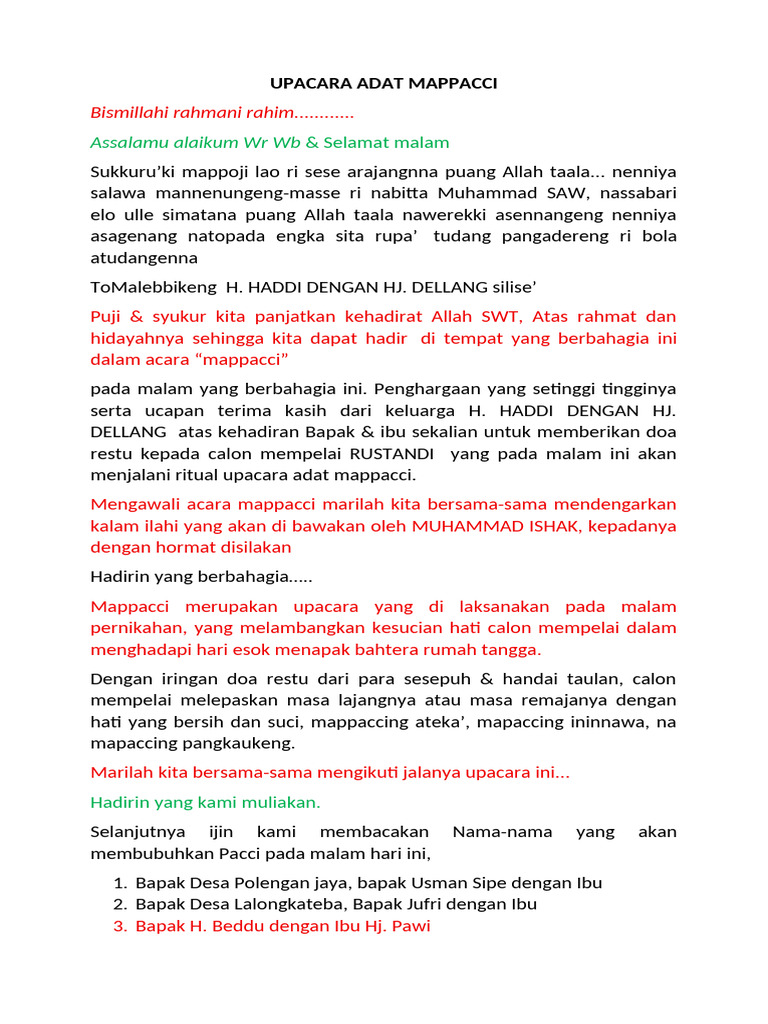 Teks MC Upacara Mappacci Bugis | PDF