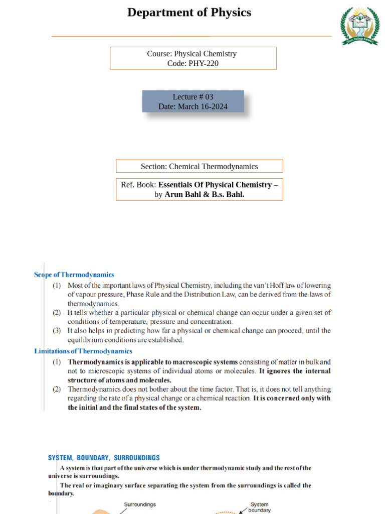 Course: Physical Chemistry Code: PHY-220: Essentials of Physical Chemistry Arun Bahl & B.S. Bahl ...