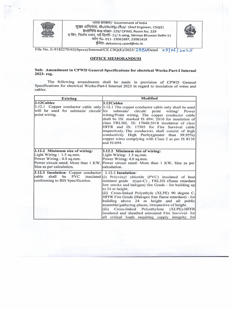 Amendment in CPWD General Specifications For Electrical Works-Part-I ...