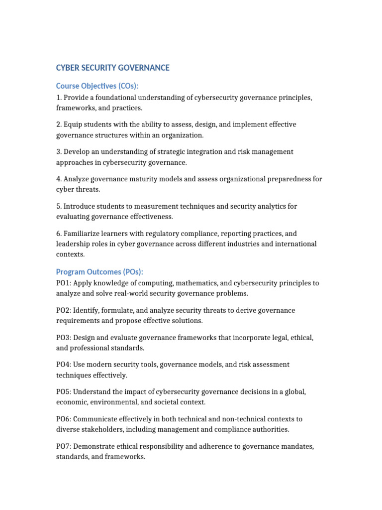 Cyber Security Governance Syllabus Updated | PDF | Governance ...