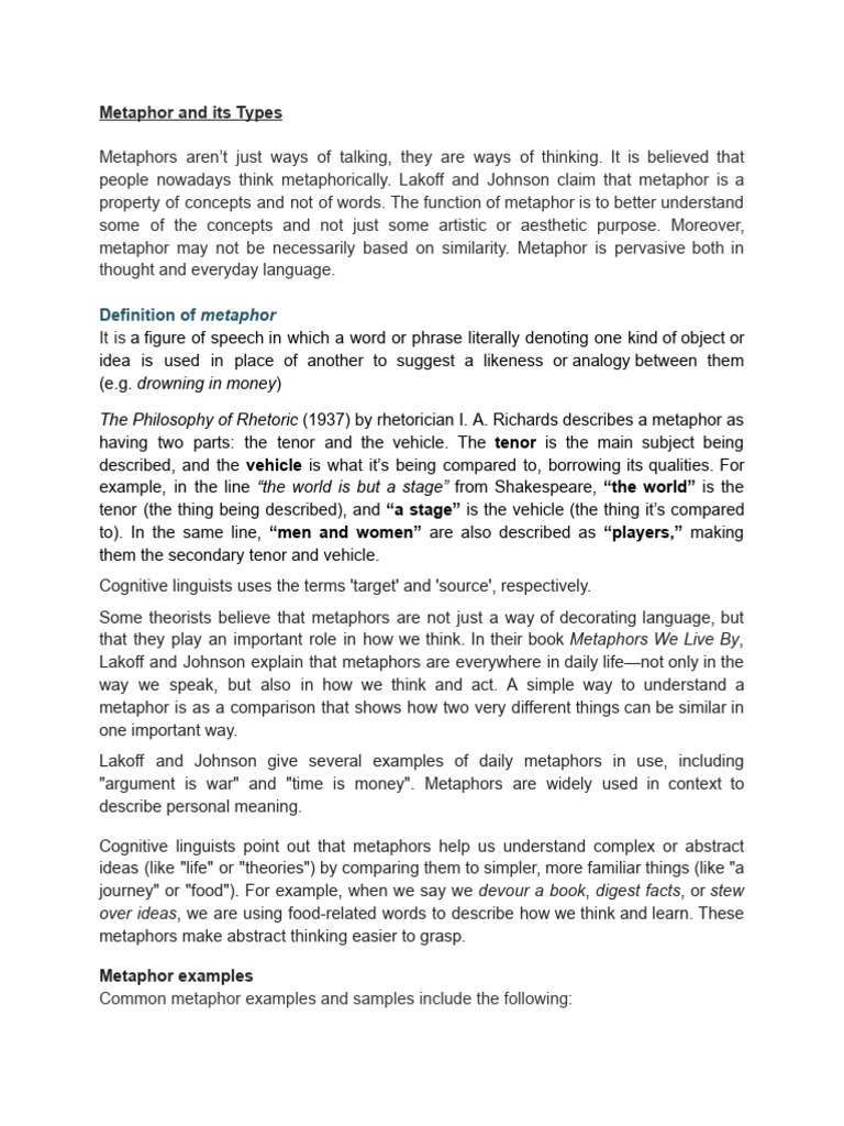 Types and Examples of Metaphors | PDF | Metaphor | Embodied Cognition