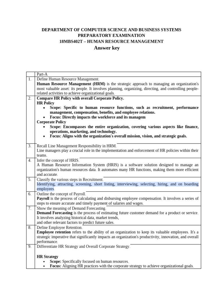 Preparatory Answer Key HRM | PDF | Human Resource Management | Payroll