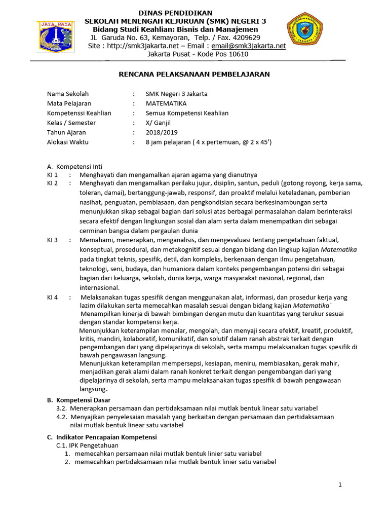 2 Contoh RPP Memuat PPK - Persamaan Nilai Mutlak | PDF