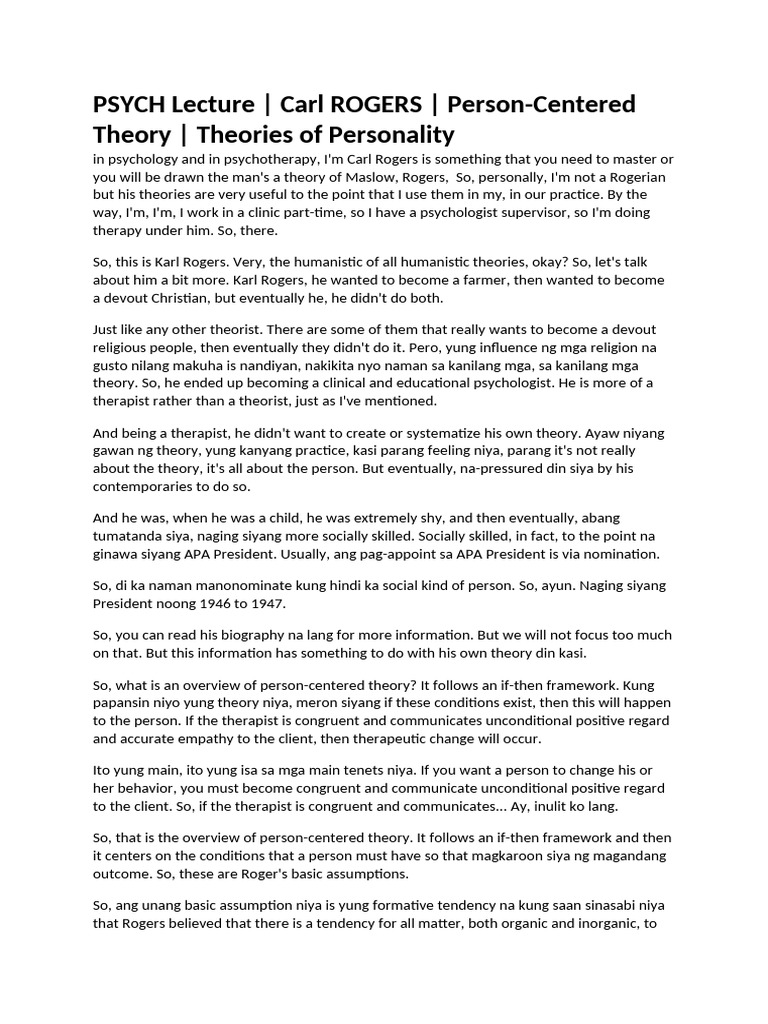 PSYCH Lecture - Carl ROGERS - Person-Centered Theory - Theories of ...