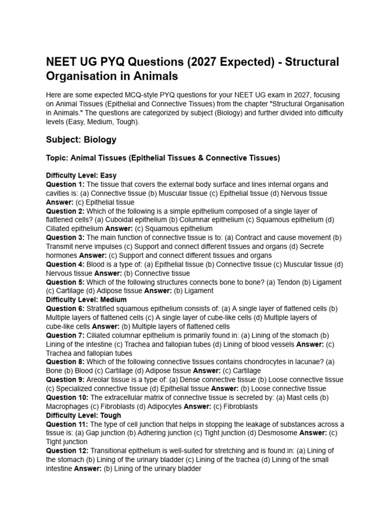 NEET UG 2027: Animal Tissues MCQs | PDF | Epithelium | Connective Tissue