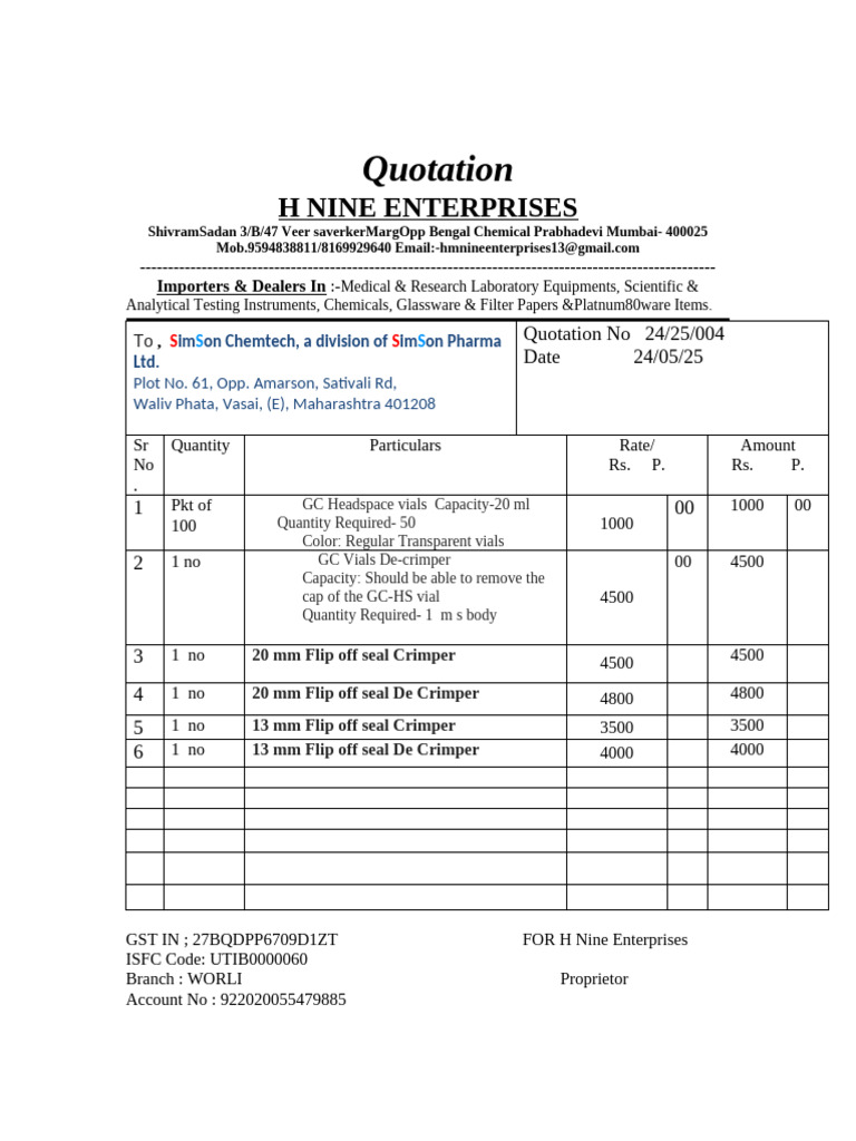 Quotation for Laboratory Equipment Supplies | PDF