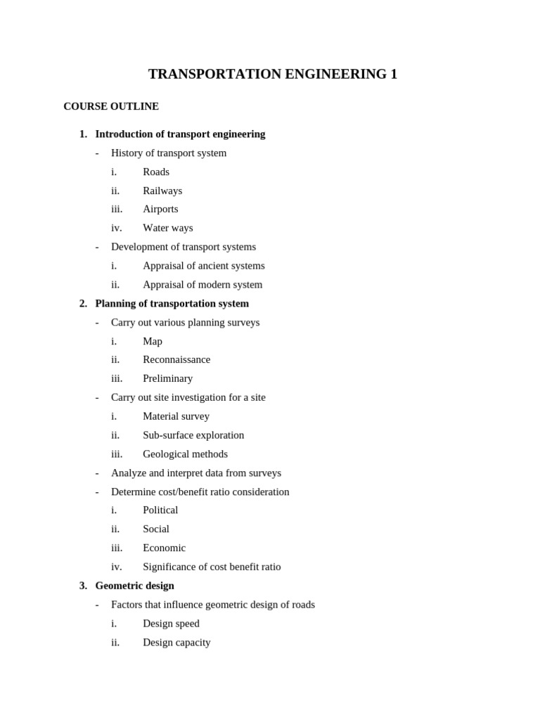 Transportation Engineering Course Outline | PDF | Road Surface | Road