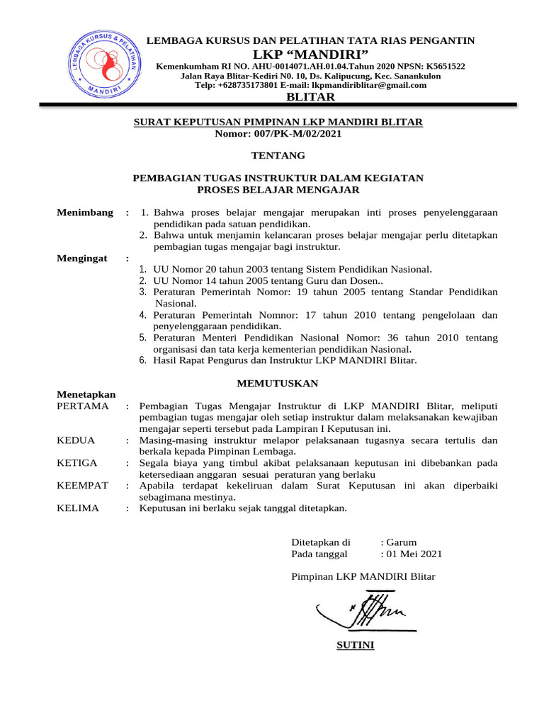 SK Pemb Tugas Mengajar Guru SD SMT II, 2020-2021 | PDF