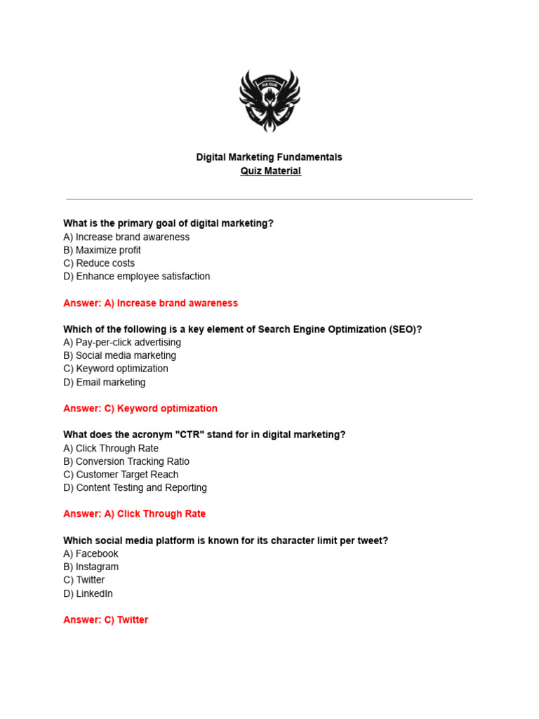 Digital Marketing Quiz Overview | PDF | Digital Marketing | Social ...
