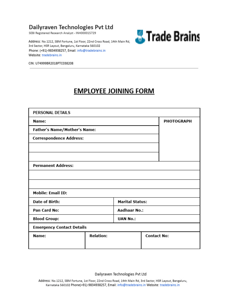 Employee Joining Form - Trade Brains | PDF | Government Of India ...