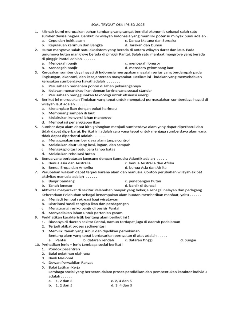 Soal Tryout Osn Ips Sd 2025 | PDF