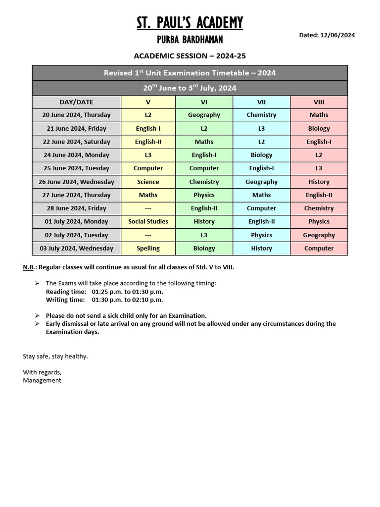 Revised 1st Unit Timetable 5-8 (For Students) Final | PDF