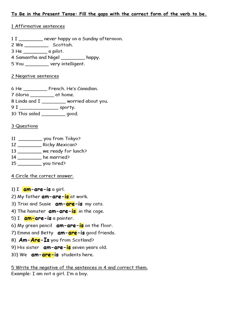 Present Simple: Verb To Be Exercises | PDF