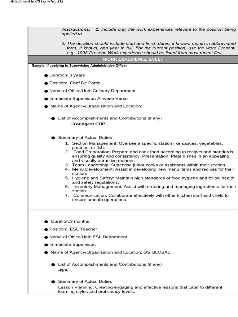 CS Form No. 212 Attachment - Work Experience Sheet | PDF | Chef | Cooking