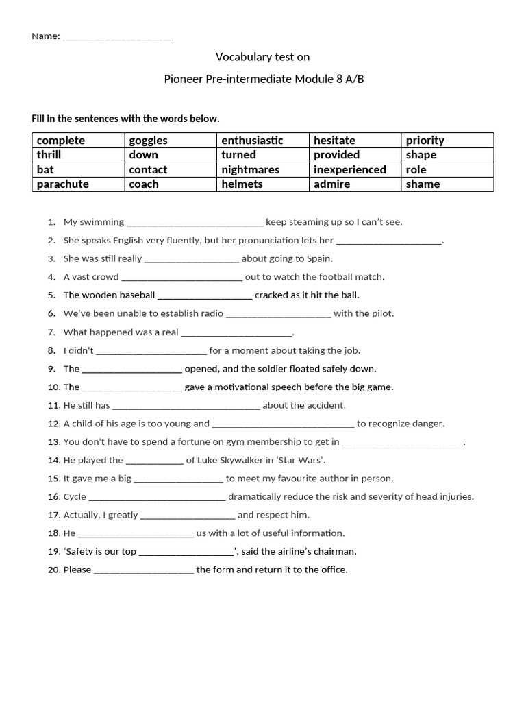 Vocabulary Test: Pioneer Pre-Intermediate 8 | PDF
