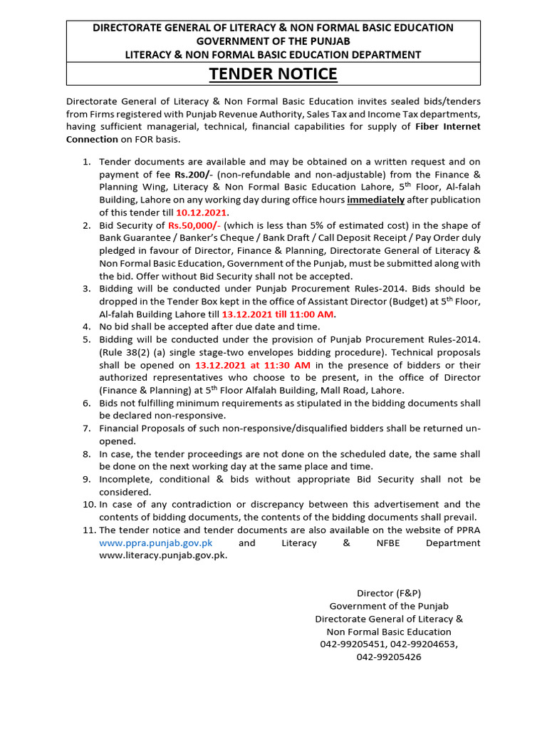 Tender Notice For Fiber Internet Connection | PDF | Banks | Taxes