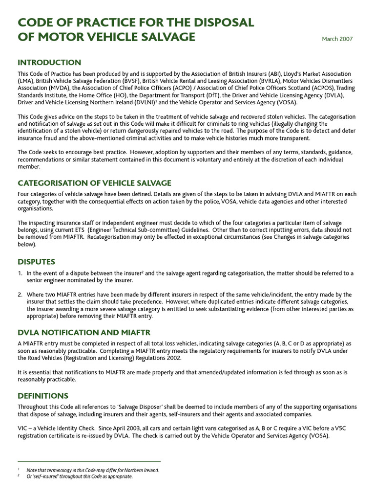Code of Practice For Disposal of Motor Vehicle Salvage | PDF ...