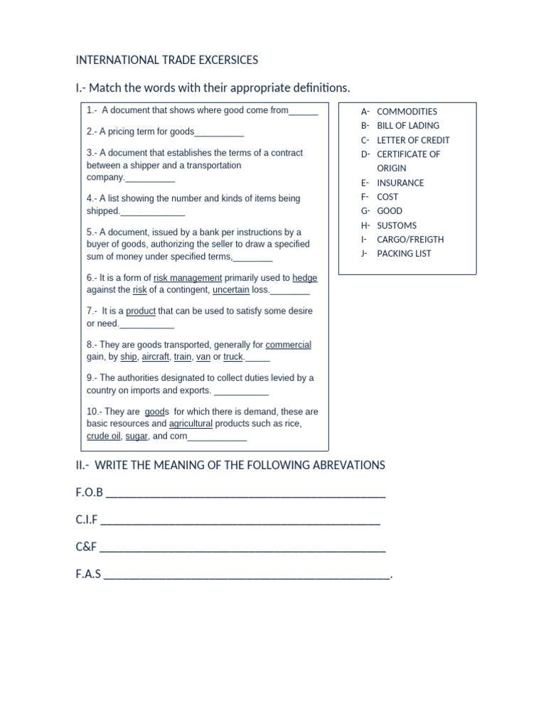 International Trades Excersices Fun Activities Games Tests 12914 | PDF ...