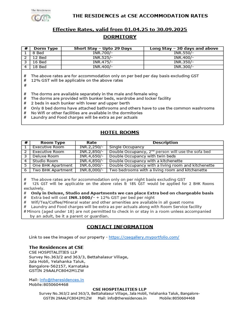 Revision of Rates - The Residences at CSE - Upto 30.09.25 | PDF ...