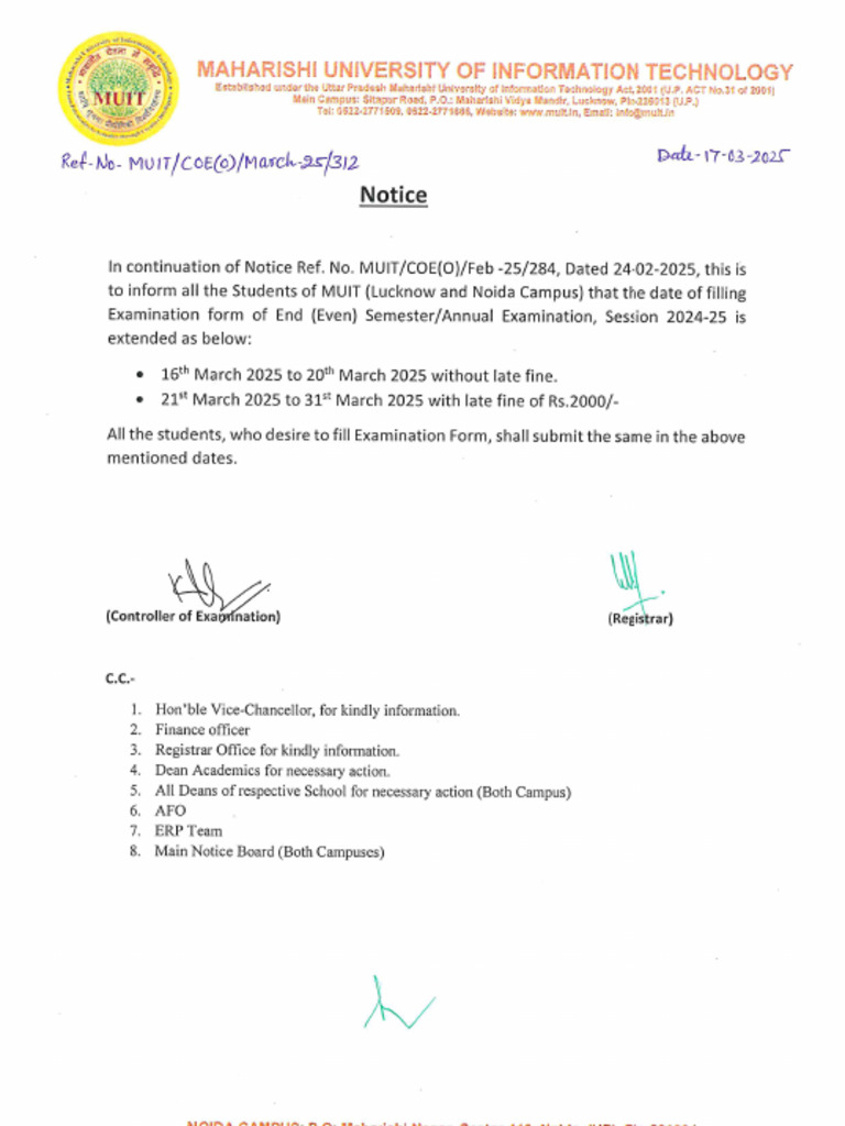 Examination Form Extension Notice | PDF