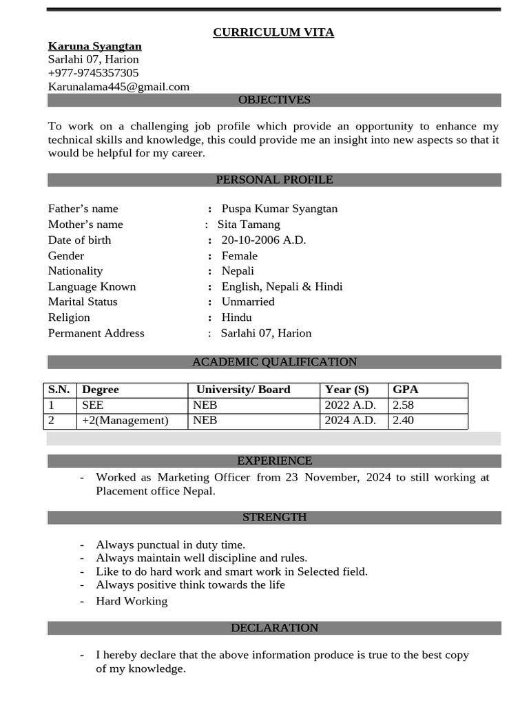 Karuna Syangtan's Professional CV | PDF