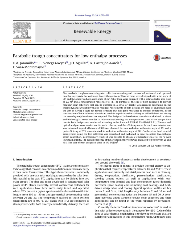 Parabolic Trough Concentrators For Low Enthalpy Processes | PDF | Heat