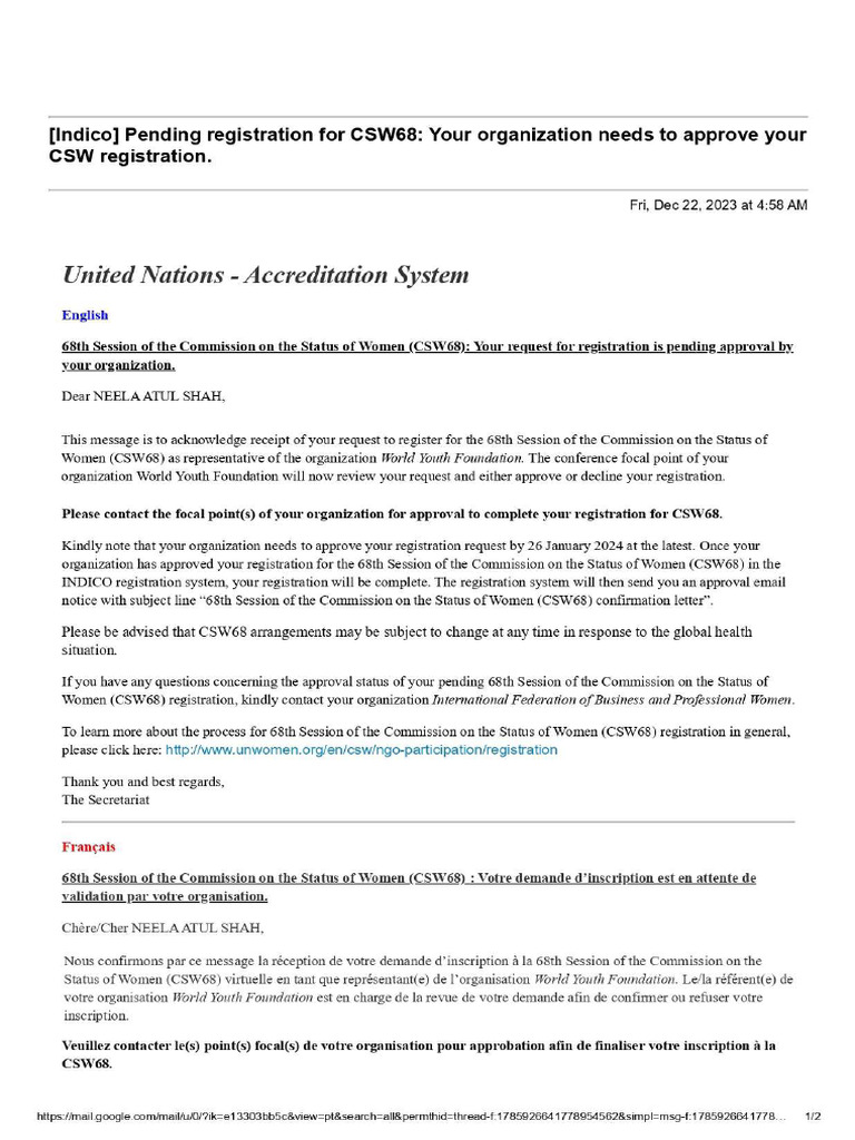 Gmail - (Indico) Pending Registration For CSW68 - Your Organization Needs To Approve Your CSW ...