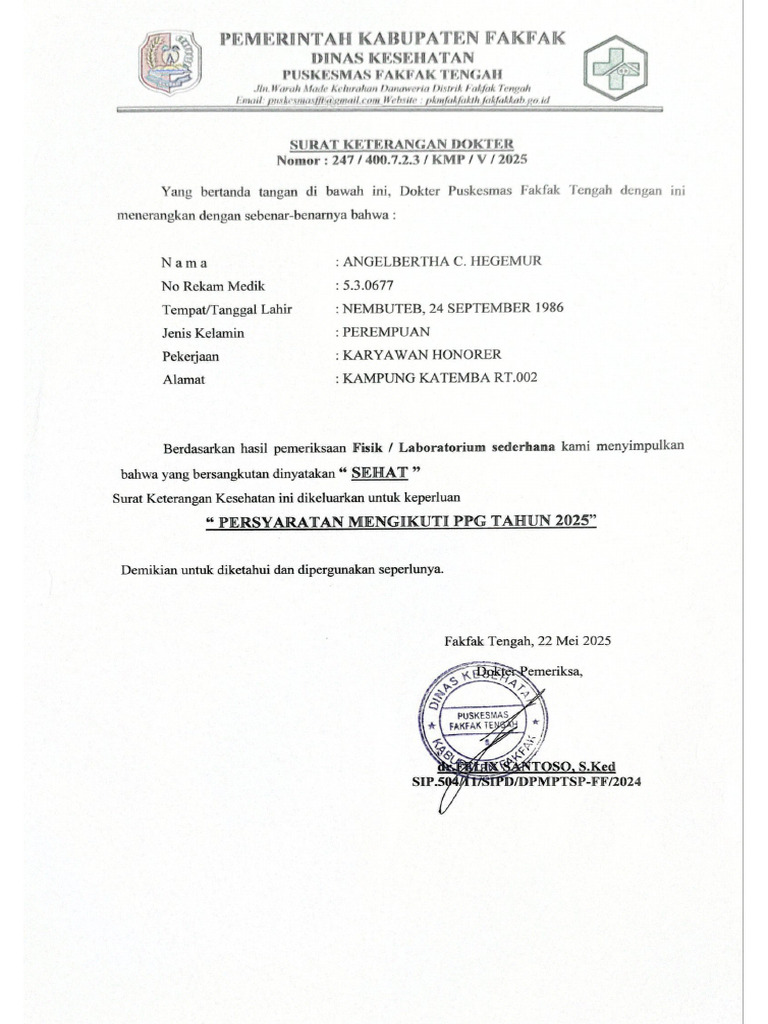 Surat Keterangan Sehat Angelbertha C. Hegemur | PDF
