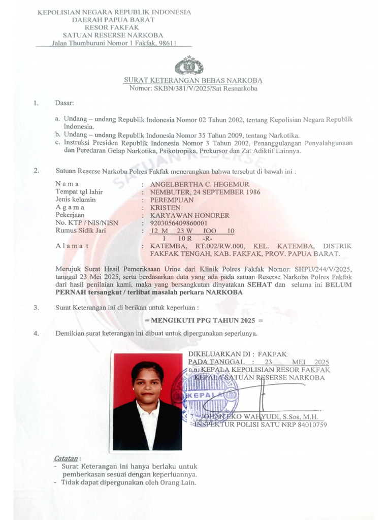 Surat Bebas Napza Angelbertha C. Hegemur | PDF