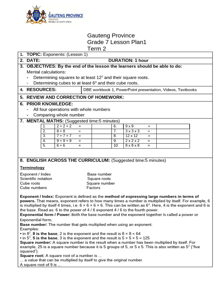 Grade 7 Exponents Lesson Plan | PDF | Multiplication | Exponentiation