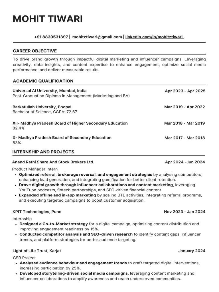 Mohit Tiwari (Marketing Resume) | PDF | Digital Marketing | Marketing