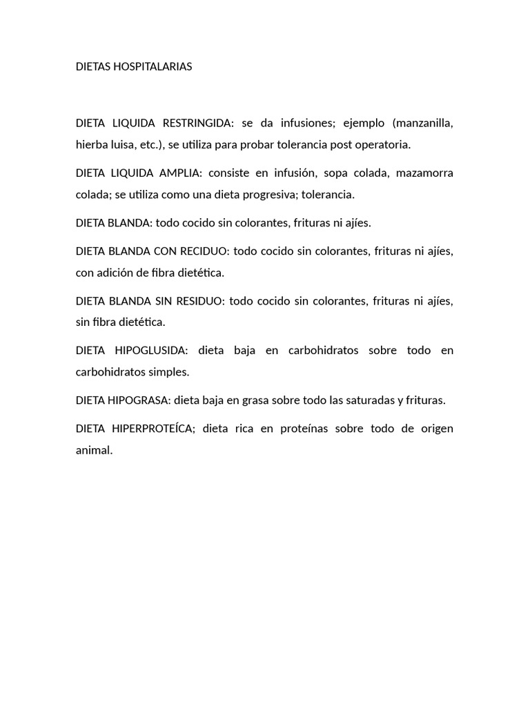 Tipos de Dietas Hospitalarias | PDF