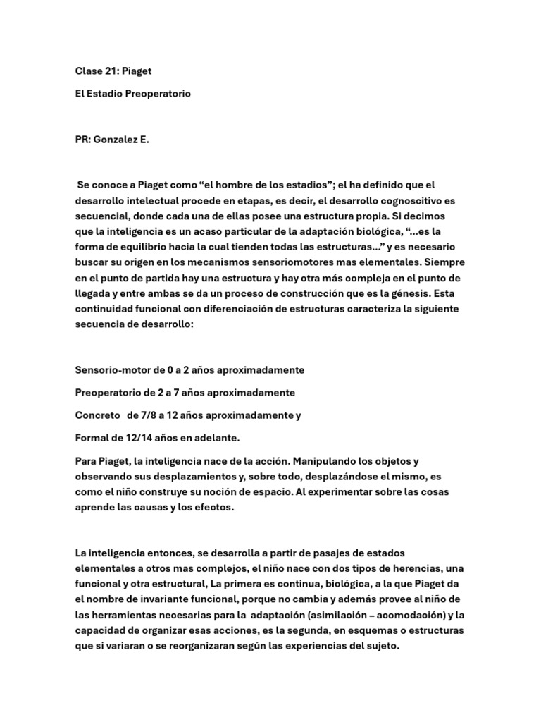 Clase 21 Piaget. Estadio Preoperatorio | PDF | Pensamiento | Epistemología