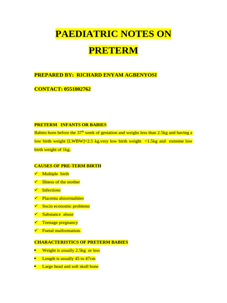 Paediatric Notes On Preterm | PDF | Preterm Birth | Low Birth Weight