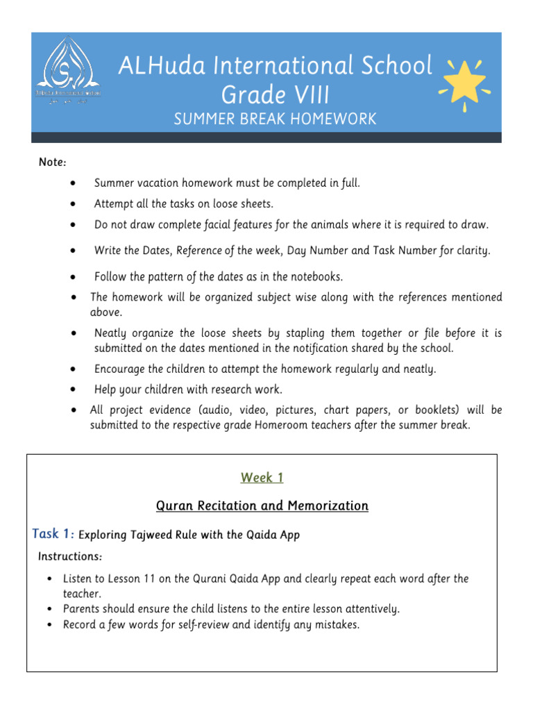 Summer Break Homework Grade VIII | PDF